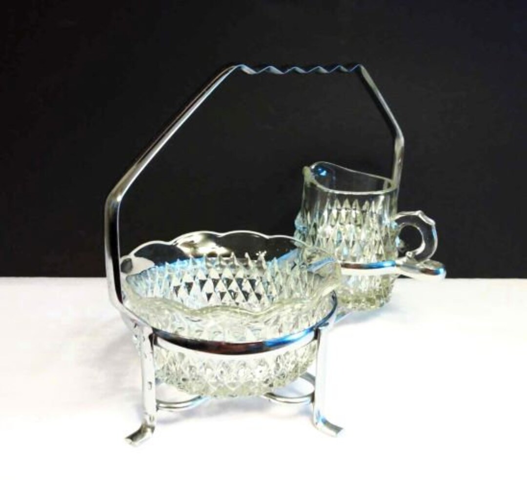 Vintage Decorative Glass Sugar and Creamer With Metal Carry Caddy ...