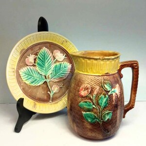 Antique Majolica Hand Painted Morning Glories Pottery Pitcher and Plate ...