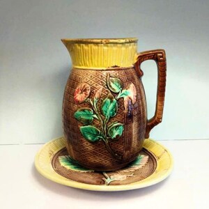 Antique Majolica Hand Painted Morning Glories Pottery Pitcher and Plate ...