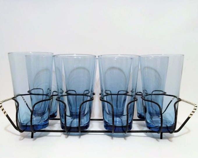 Vintage Black Wire Drink Caddy With 8 Light Cobalt Blue Glasses/vintage ...