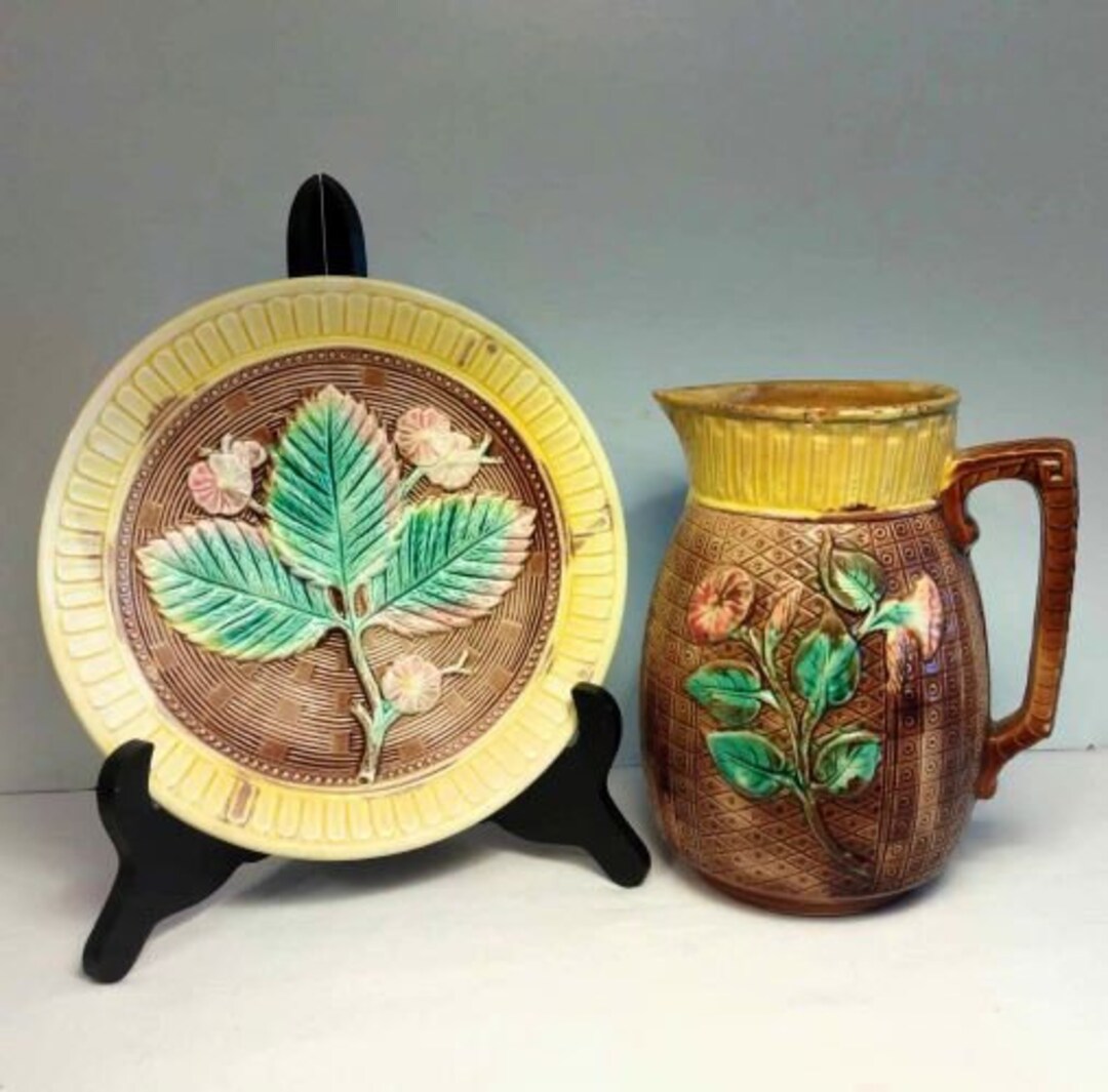 Antique Majolica Hand Painted Morning Glories Pottery Pitcher and Plate ...