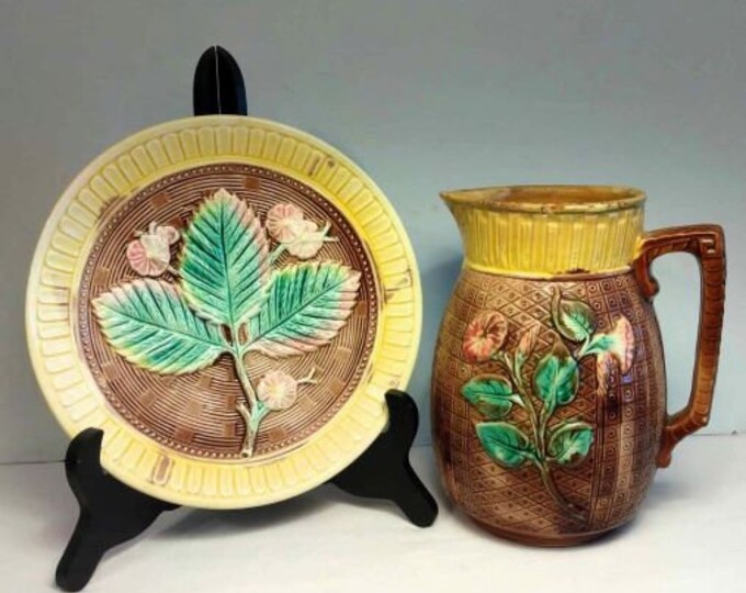 Antique Majolica Hand Painted Morning Glories Pottery Pitcher and Plate ...