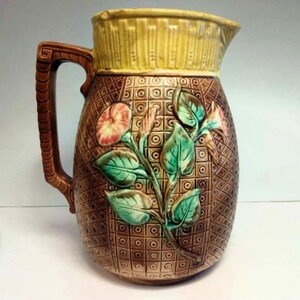 Antique Majolica Hand Painted Morning Glories Pottery Pitcher and Plate ...