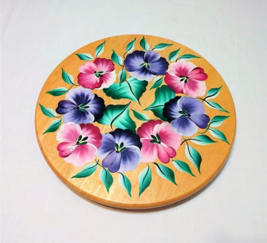 Vintage Tole Painted Floral Light Wood 14" Lazy Susan/tole Painting ...