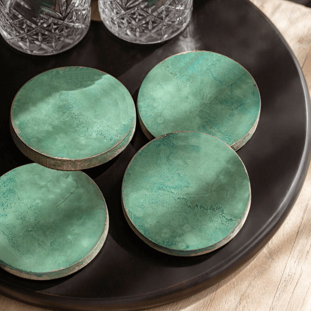 Green Patina Copper Coaster Set: Verdigris Copper Tableware, Custom ...