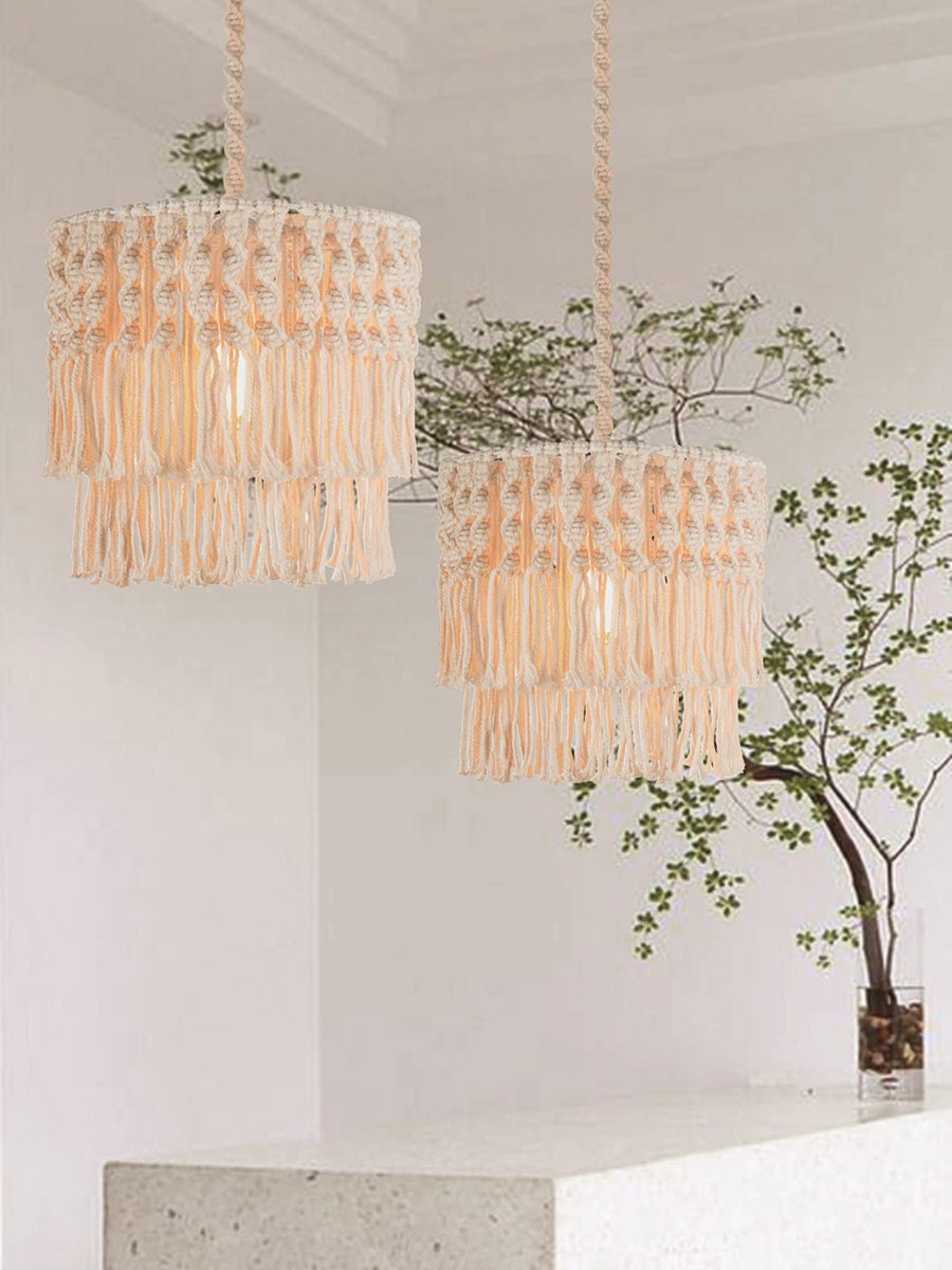 Macrame Chandelier D15.8in, Boho Pendant Lamp, Tassel Chandelier, Boho ...