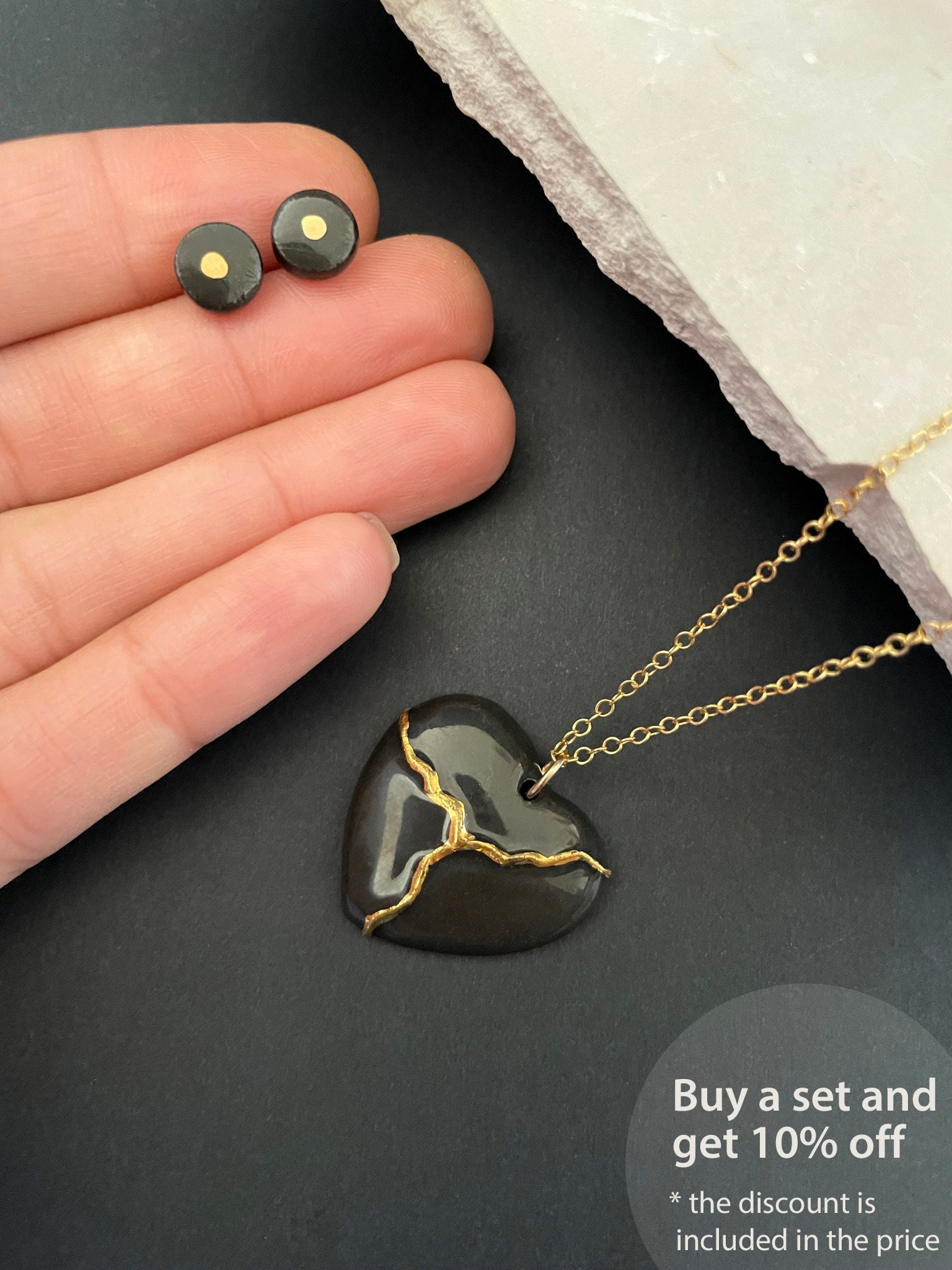 Kintsugi Jewelry Set, Black Porcelain, Broken Heart Pendant ...