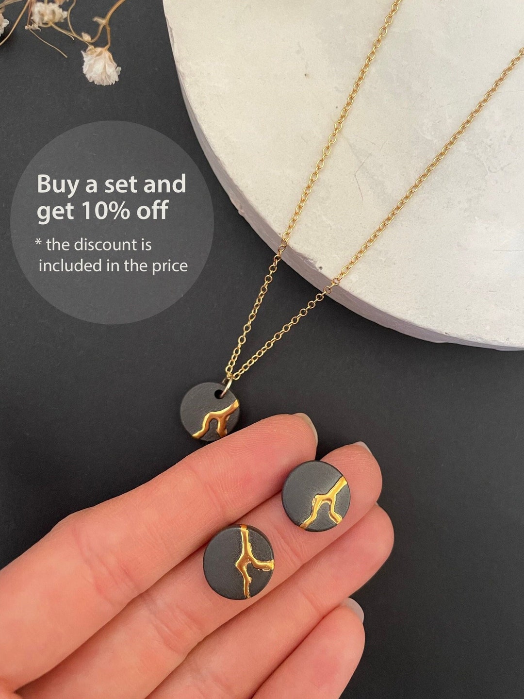 Kintsugi Jewelry Set, Porcelain Earrings, Beautifully Broken Disc ...