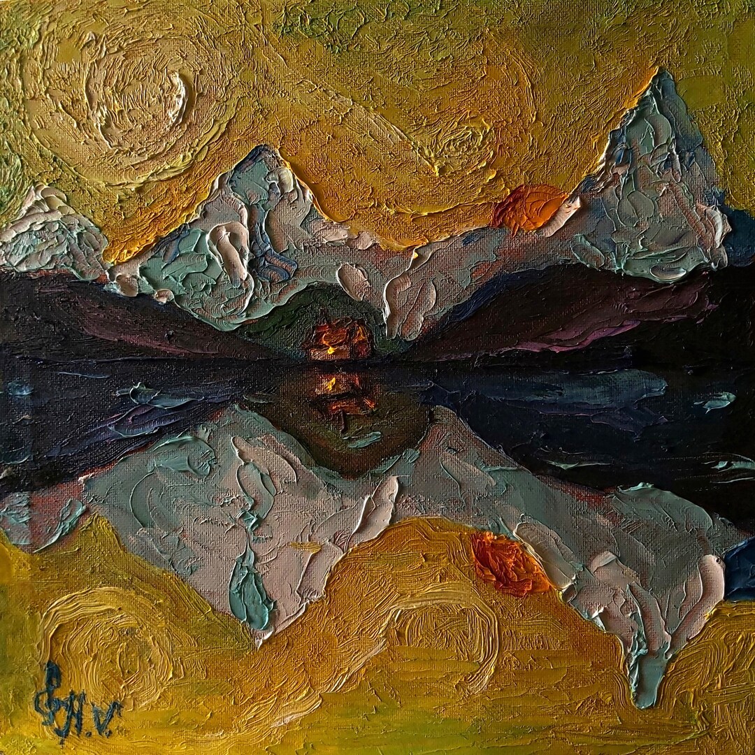 Sunset in Mountains Impasto Colorful Oil Painting Original on Canvas ...