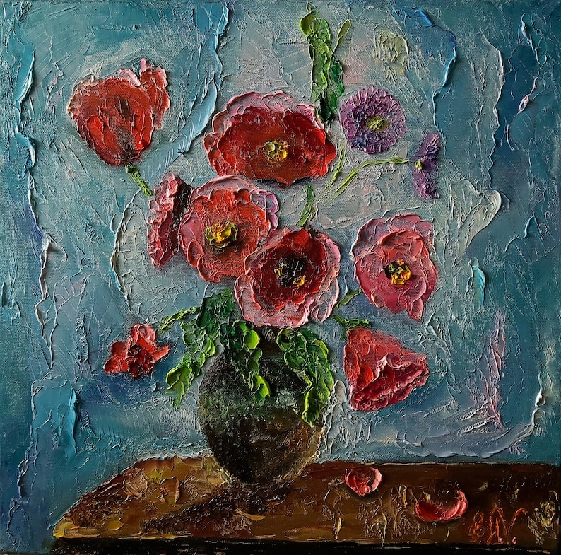 Red Flowers Still Life Oil Painting Original on Canvas, Impressionism ...
