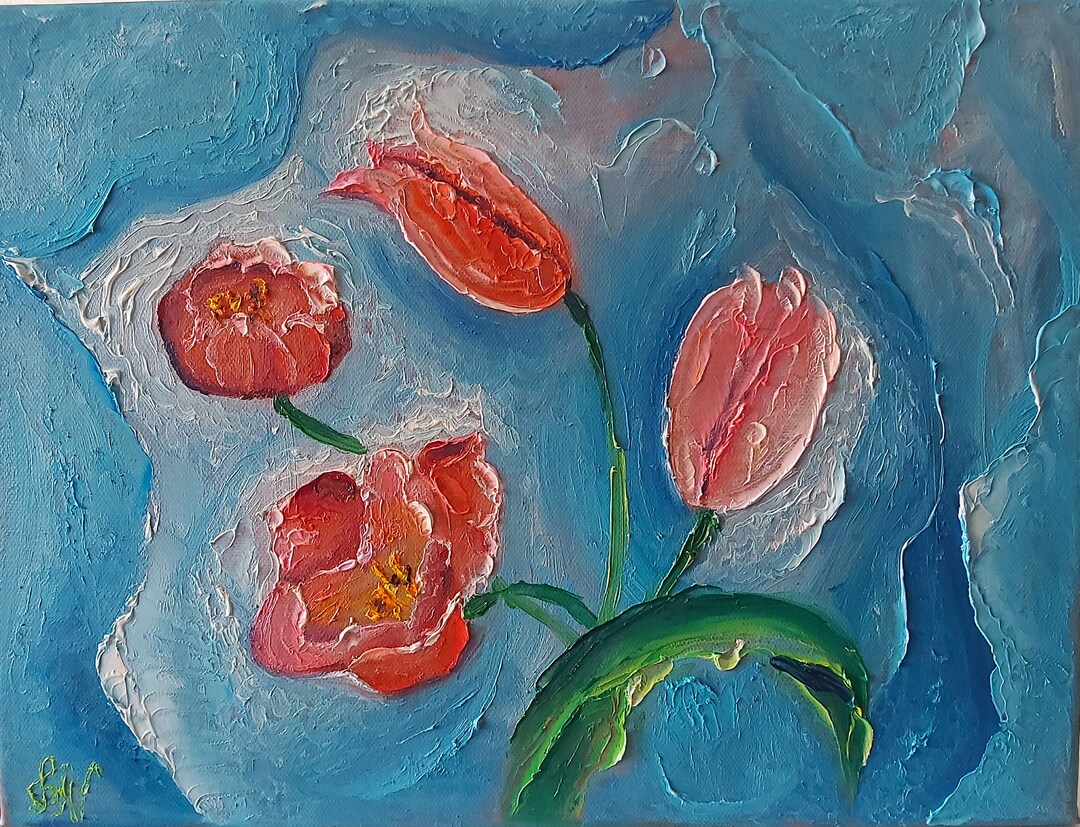 Red Flowers Tulips Oil Painting Original on Canvas, Impressionism ...