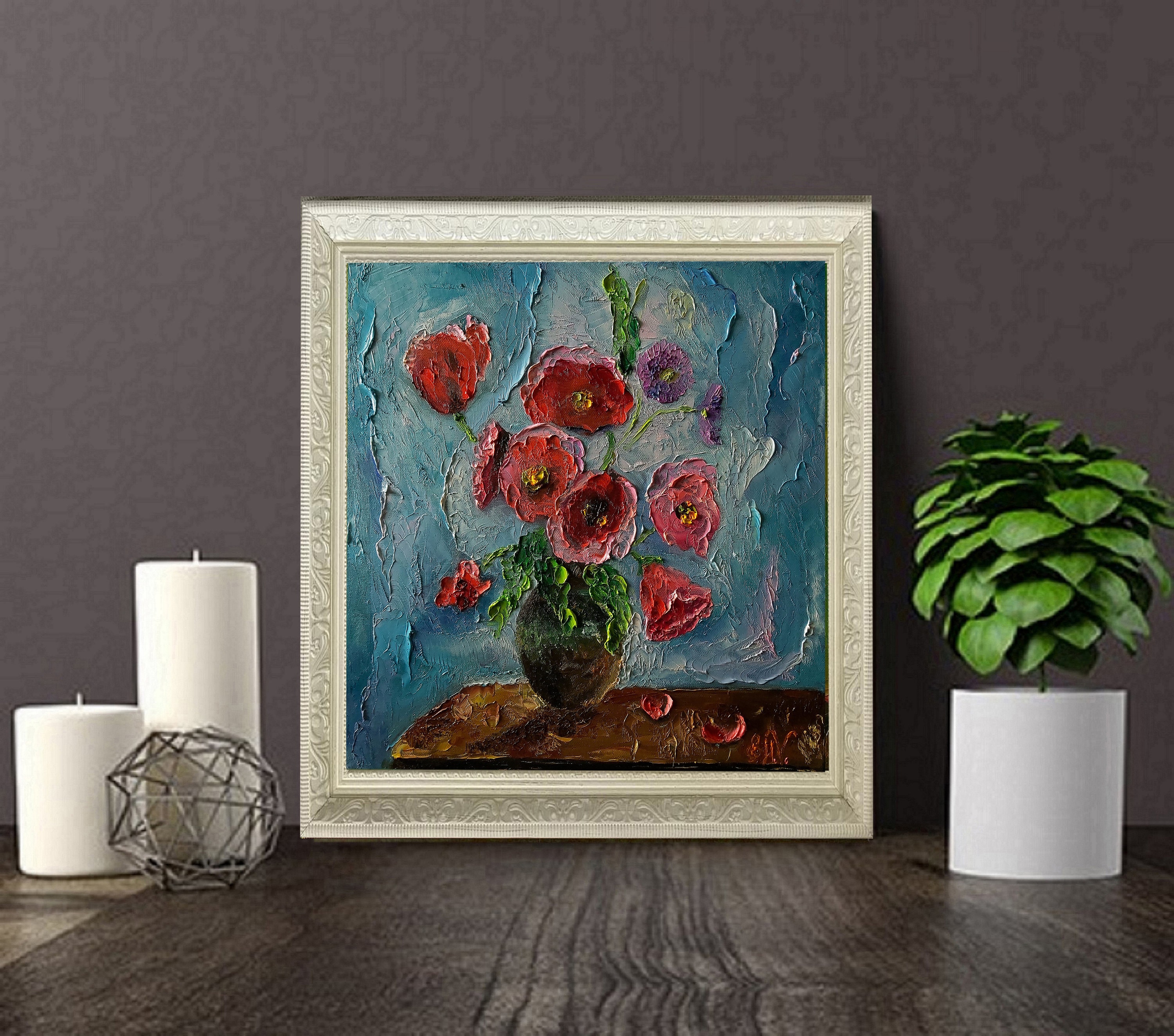 Red Flowers Still Life Oil Painting Original on Canvas, Impressionism ...