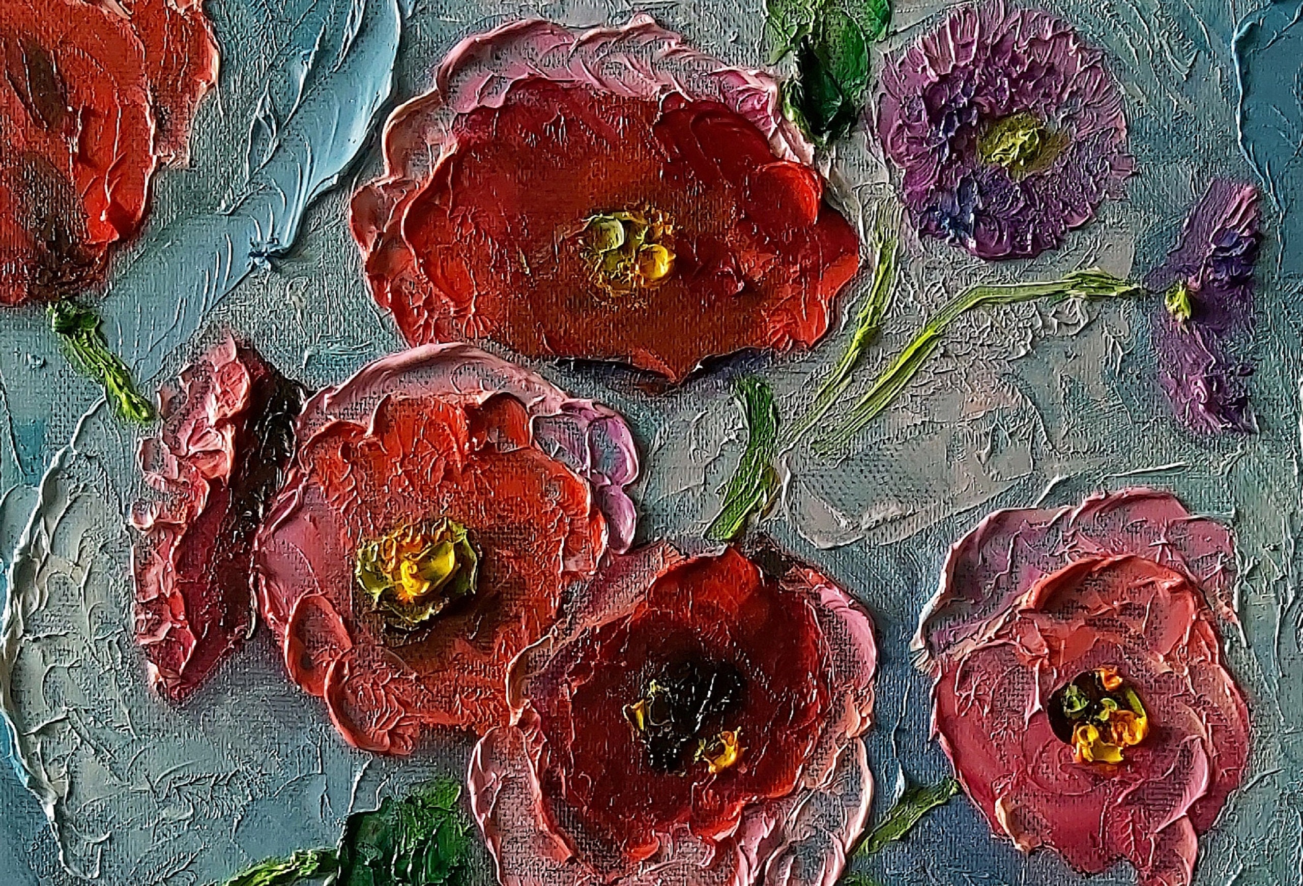 Red Flowers Still Life Oil Painting Original on Canvas, Impressionism ...