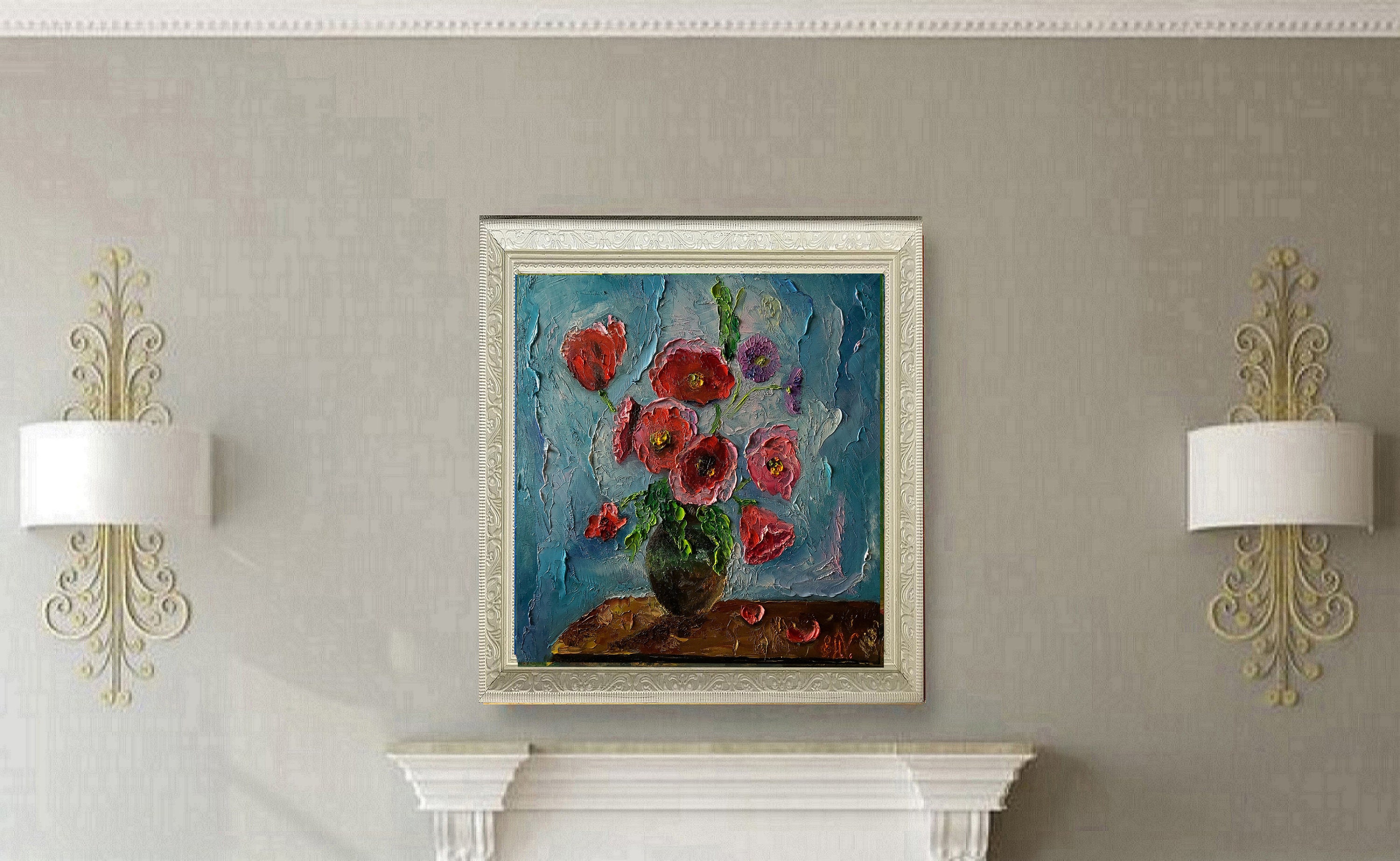 Red Flowers Still Life Oil Painting Original on Canvas, Impressionism ...