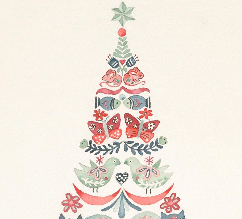 Scandinavian Christmas Tree Watercolor Print, With Animal Folk Designs ...