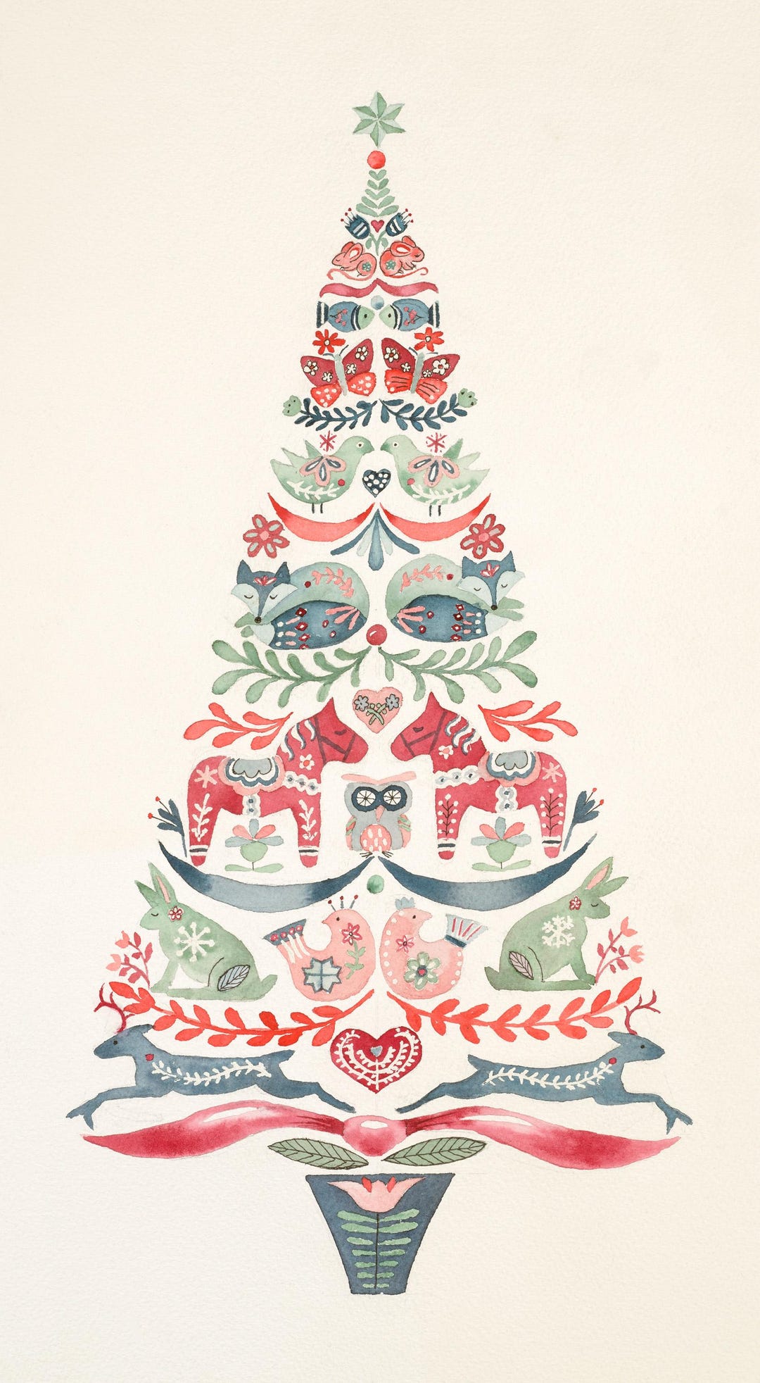 Scandinavian Christmas Tree Watercolor Print, With Animal Folk Designs ...