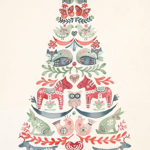 Scandinavian Christmas Tree Watercolor Print, With Animal Folk Designs ...