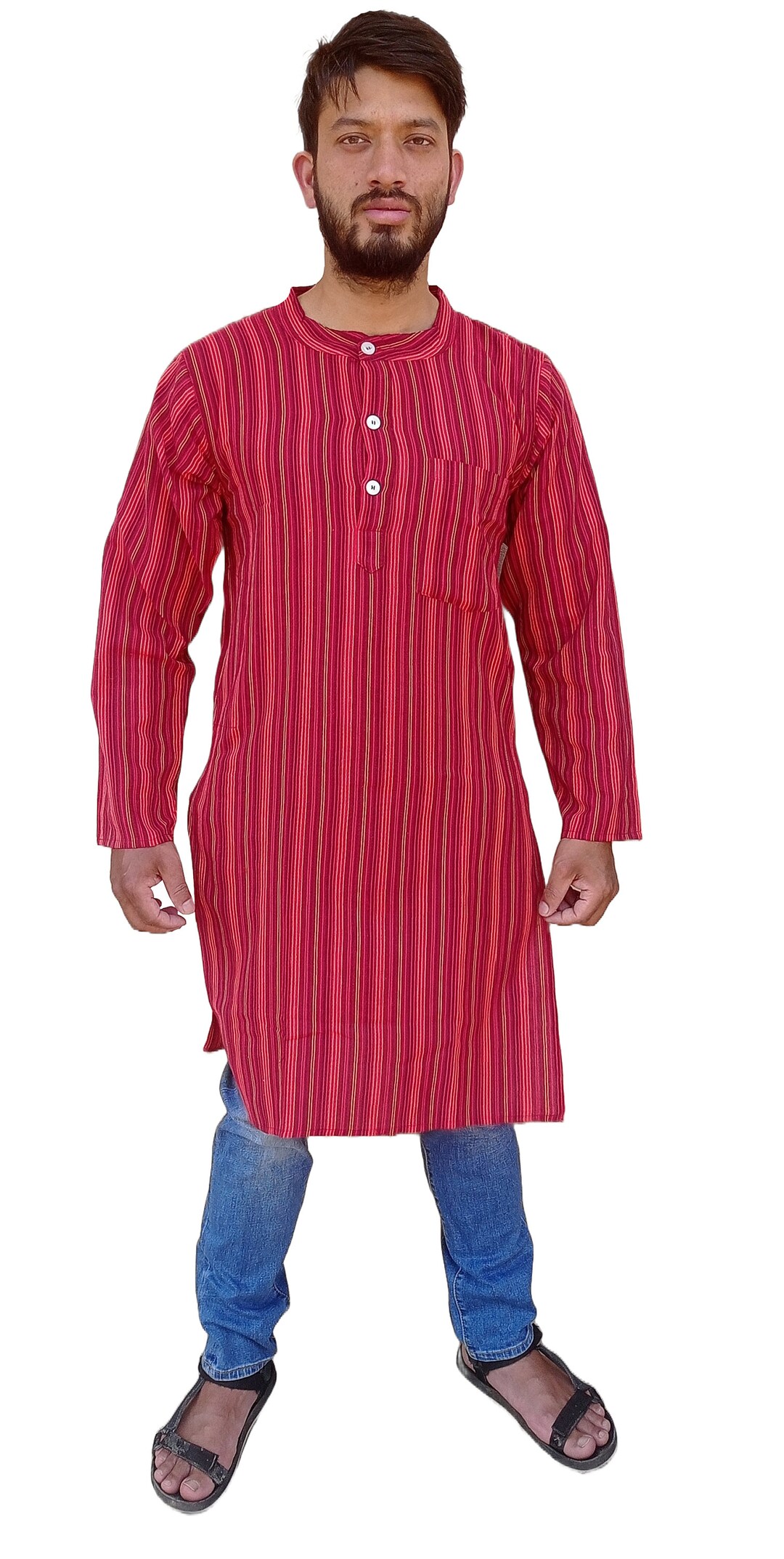 Orange Red Stripe Indian Punjabi Men's Collarless Long Full Sleeve ...