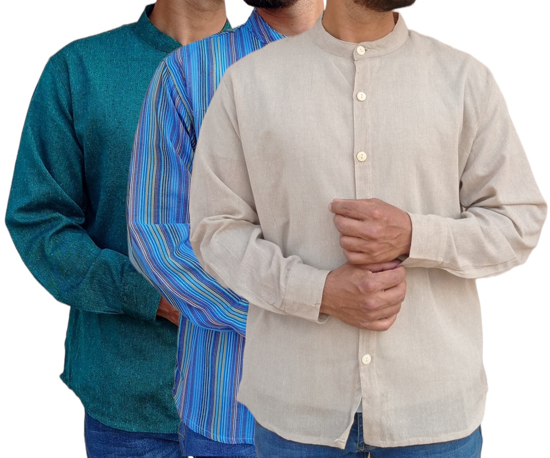 Collarless Shirt Kurta Men's Breathable Cotton Long Sleeve Collarless ...