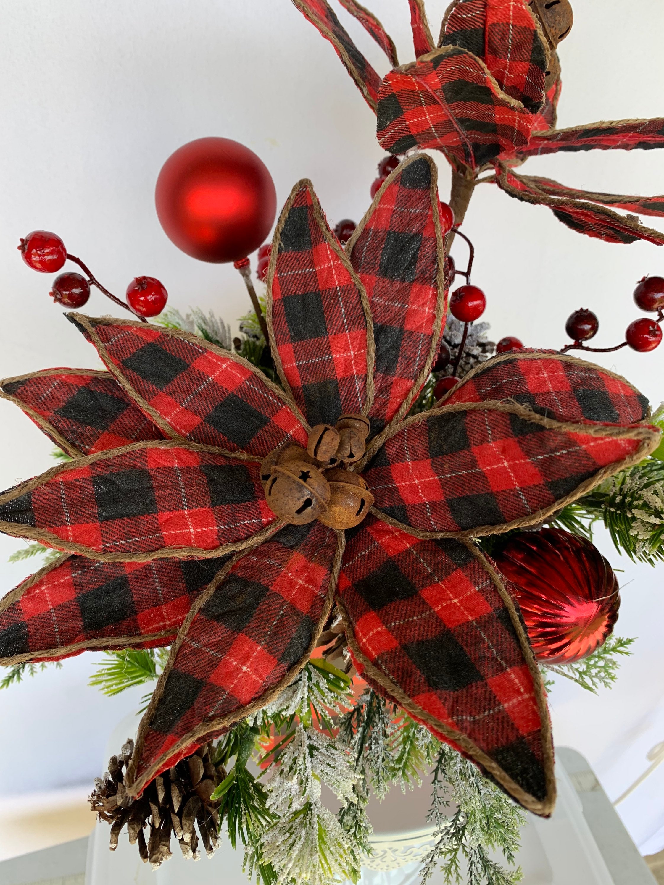 Buffalo Plaid Poinsettia Christmas Centerpiece: Snowy Pine & Red Berry ...