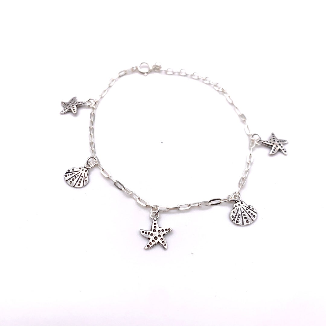 Silver Seashell Bracelet, Sea Shell Charm Bracelet With Starfish and ...