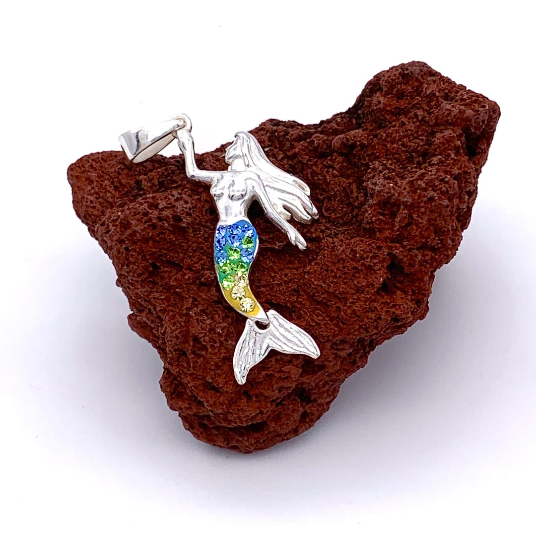 Silver Mermaid Pendant, Made With Crystal Glass and 925 Sterling Silver ...