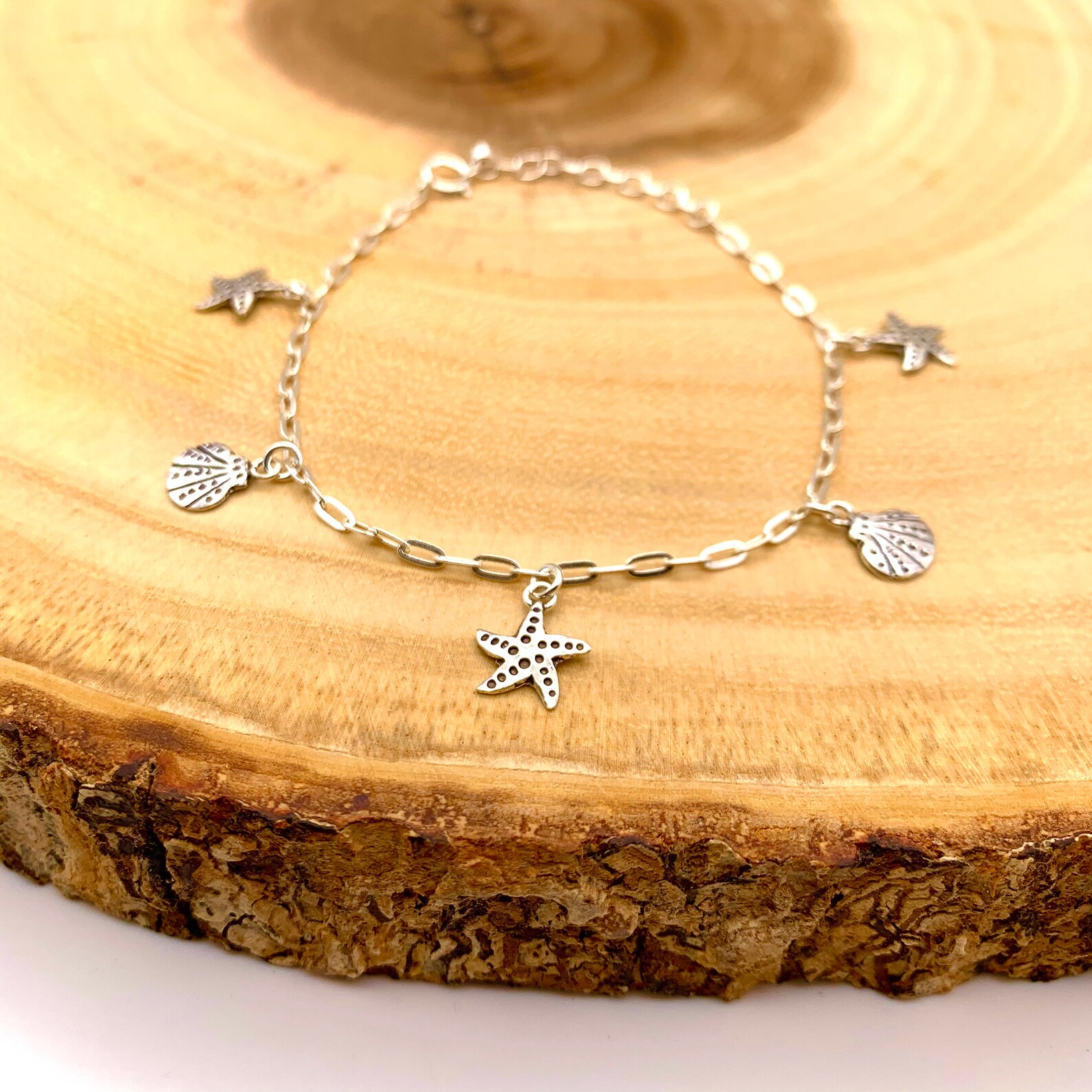 Silver Seashell Bracelet, Sea Shell Charm Bracelet With Starfish and ...