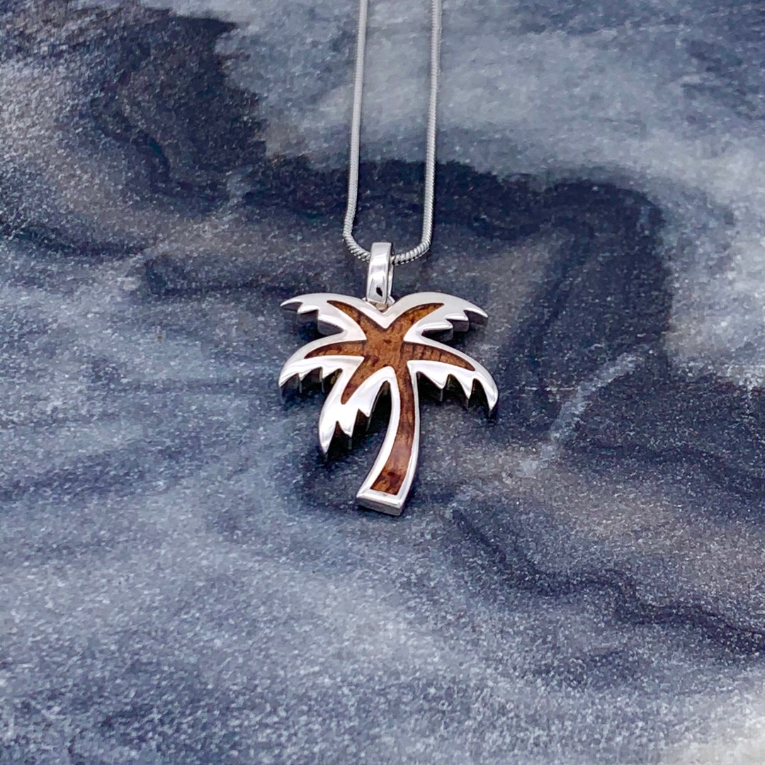 Silver Palm Tree Necklace, 925 Sterling Silver and Koa Wood Pendant ...