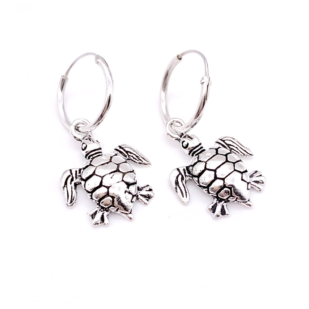Silver Turtle Earrings, Silver Hoop Style Earrings With Sea Turtle ...