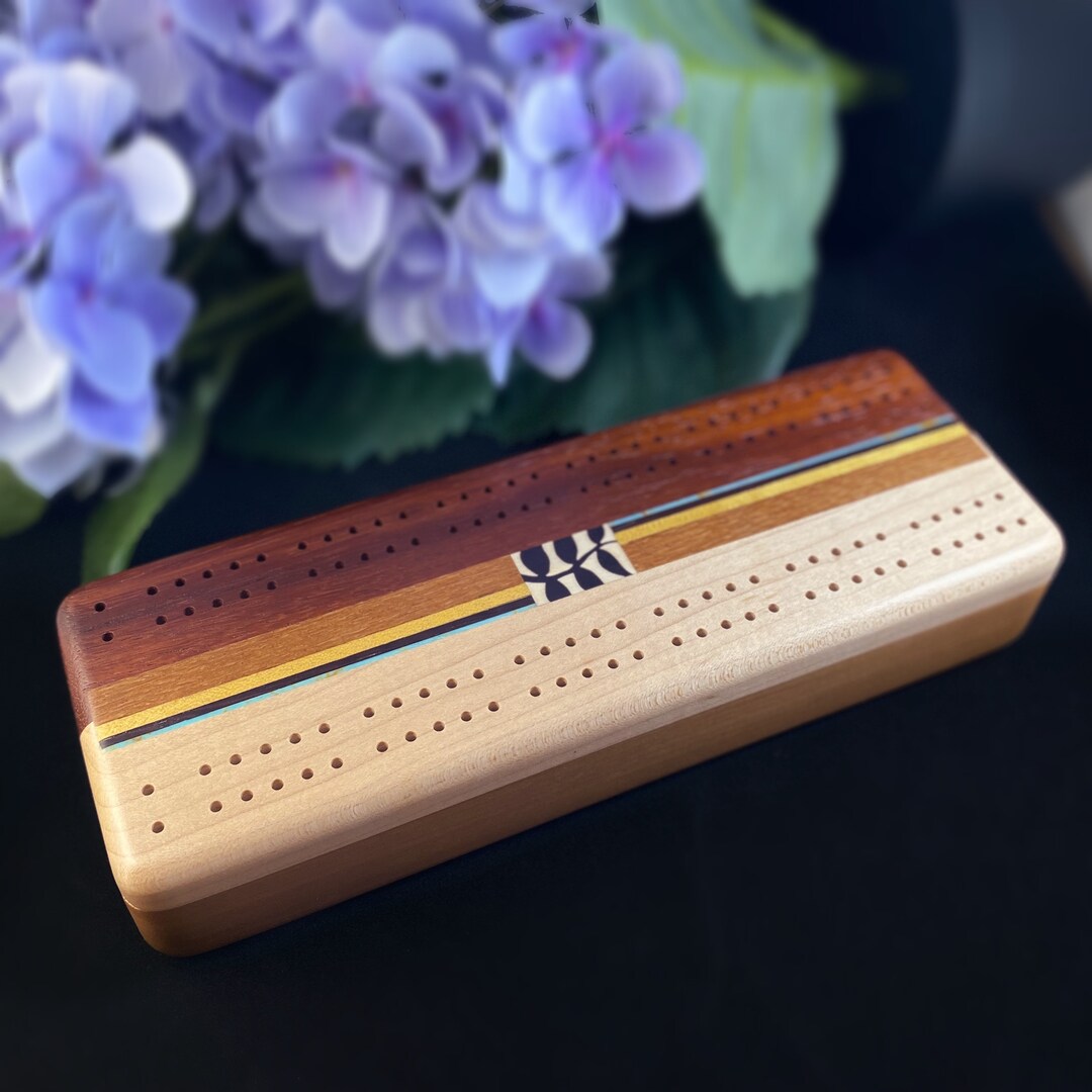 Handmade Wooden Cribbage Board With Cards and Pegs, Vine Leaf Marquetry ...