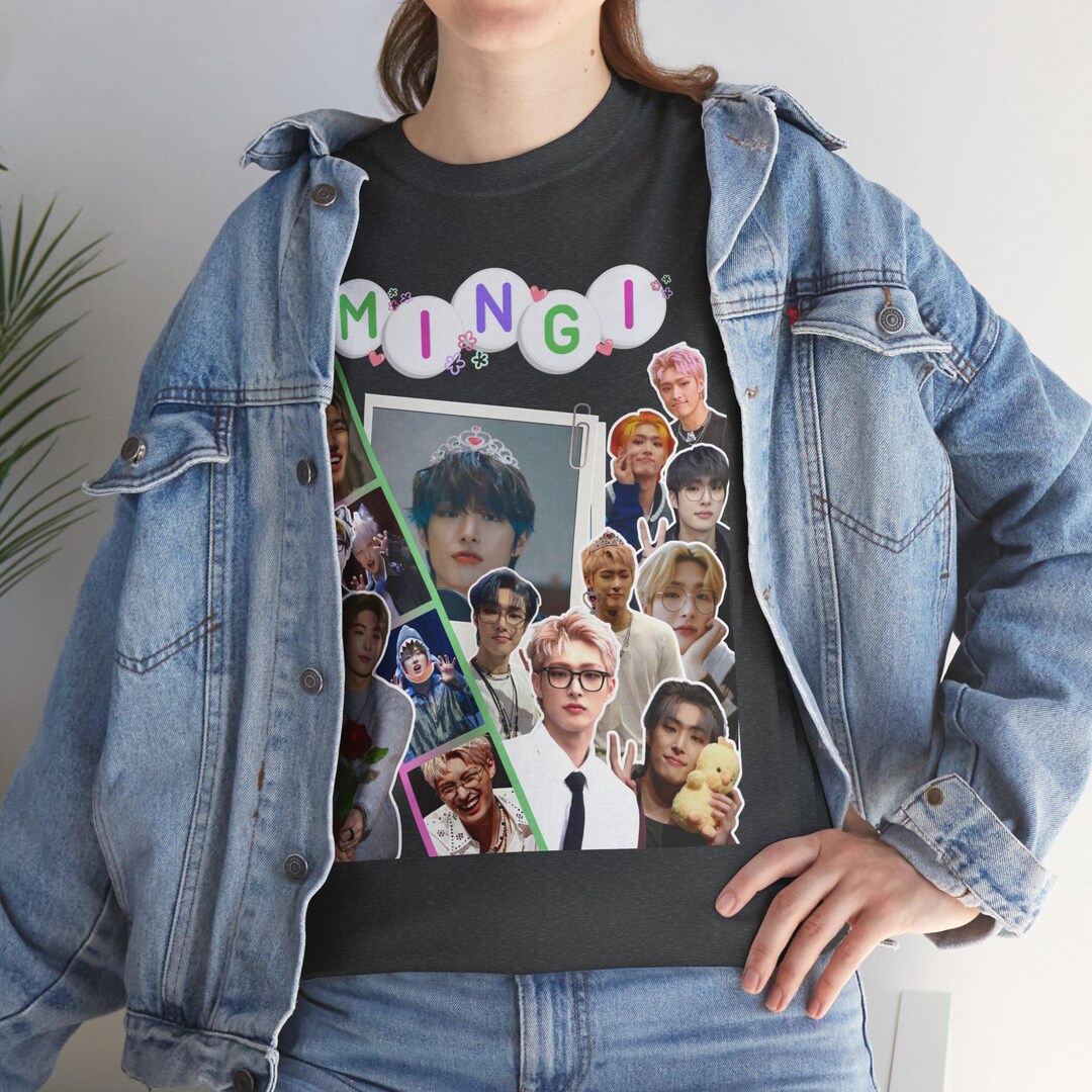 Cute Mingi Aegyo Unisex Heavy Cotton T-shirt Letterbeads and Photostrip ...