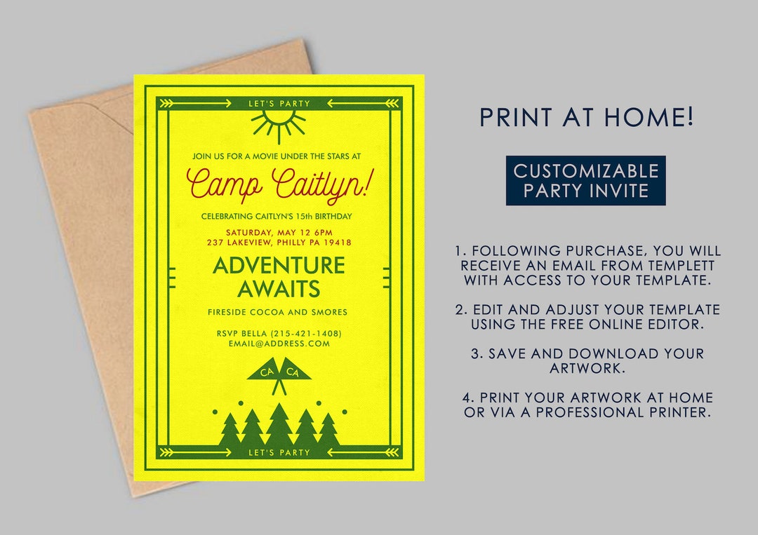 Print at Home Party Invitation Customizable, Instant Download - Etsy