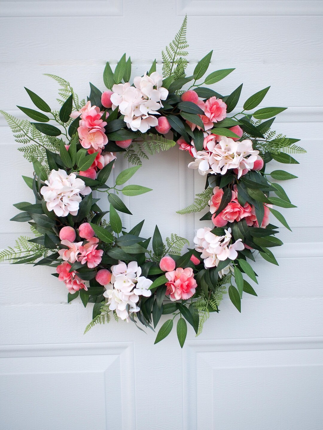Pink Hydrangeas, Peach Blossoms and Peaches on Grapevine Wreath ...