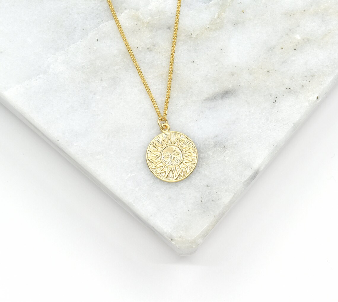 Gold Sun Necklace, Sun Coin Necklace, Sunburst Disk Necklace, Gift for ...