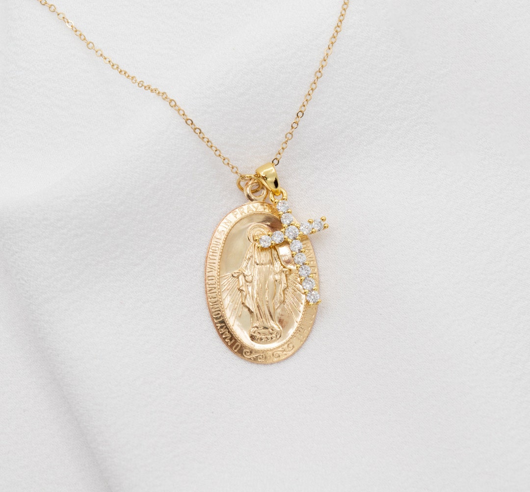14K Gold Filled Yellow Oval Blessed Mother Virgin Mary With Cross ...