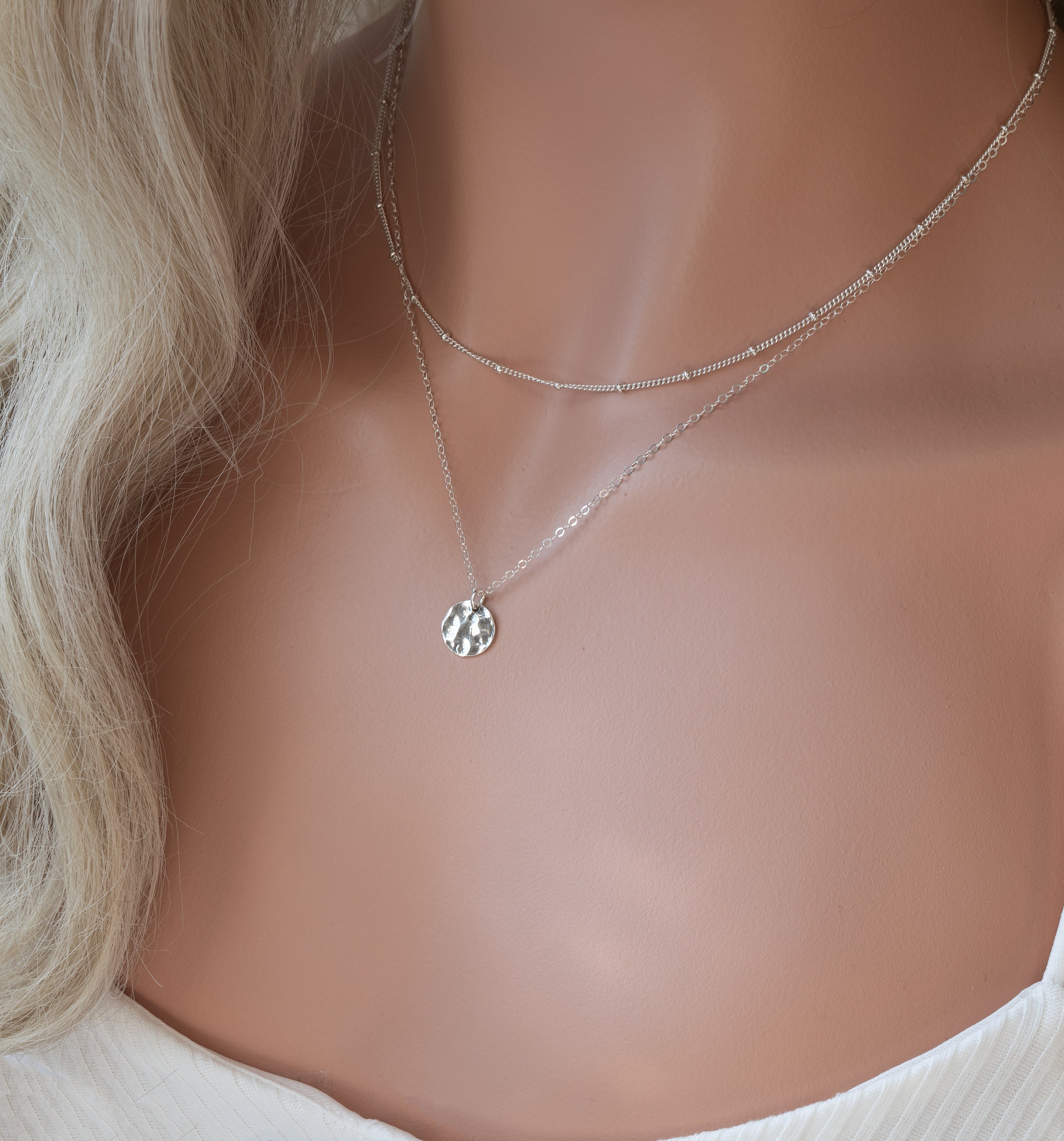 Sterling Silver Layered Necklace, Delicate Necklace, Hammered Disc ...