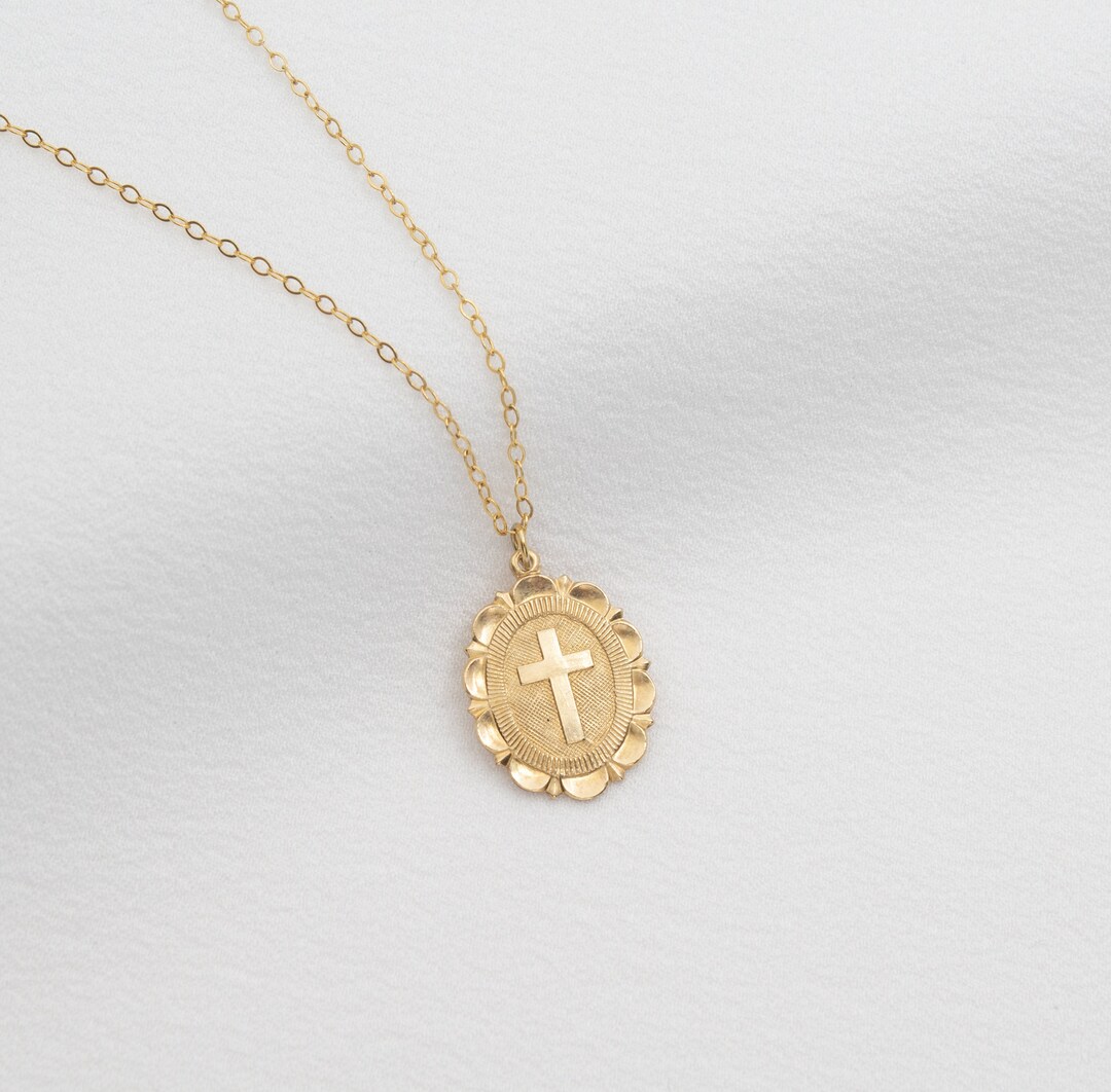 Gold Filled Cross Medallion Necklace, Religious Jewelry, Oval Chai ...