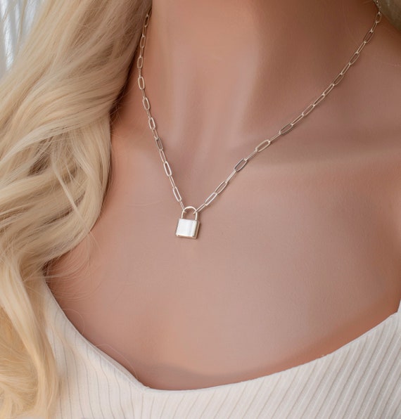 925 Sterling Silver Padlock Necklace Paperclip Necklace Chain