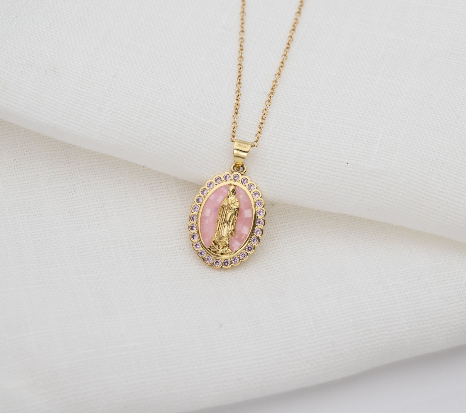 Pink Virgin Mary 14k Gold Filled Necklace Lady Guadalupe - Etsy