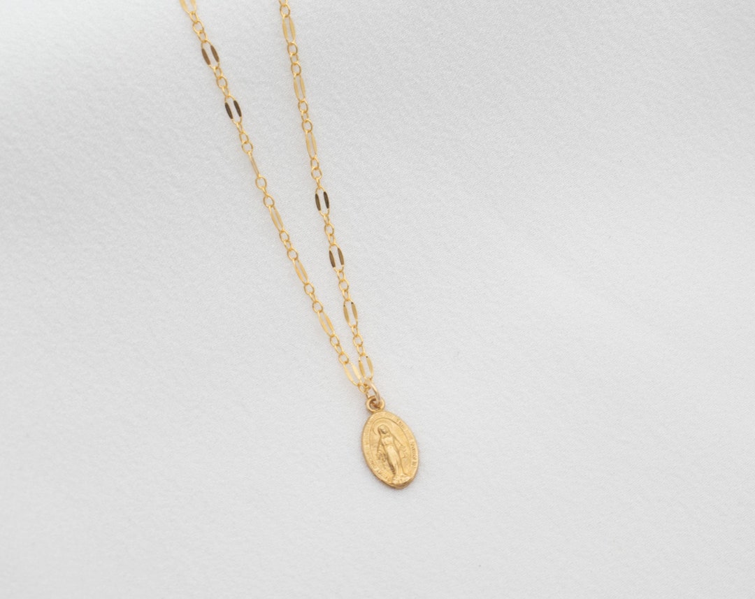 Virgin Mary Necklace, Gold Miraculous Medal Necklace, Blessed Mother ...