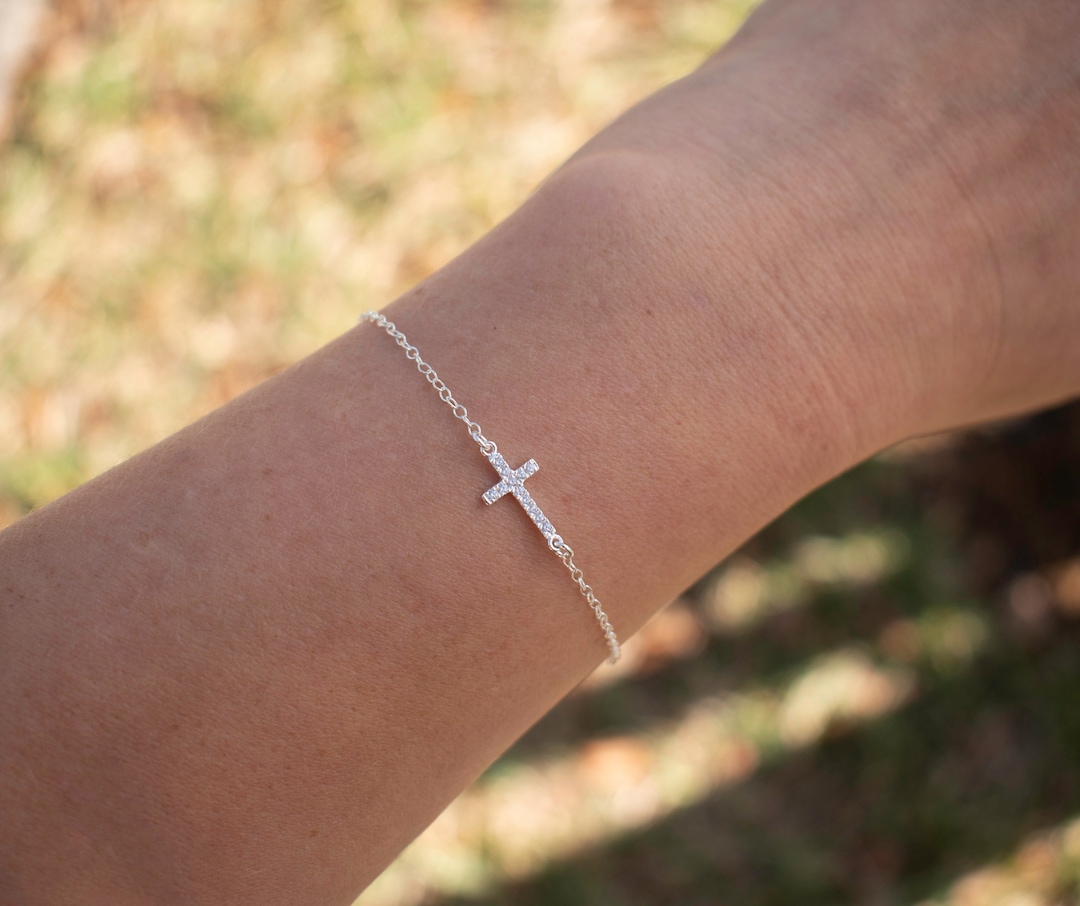 925 Sterling Silver Cross Bracelet, Dainty Cross Bracelet, Sideways Cross Bracelet, Small Cross ...