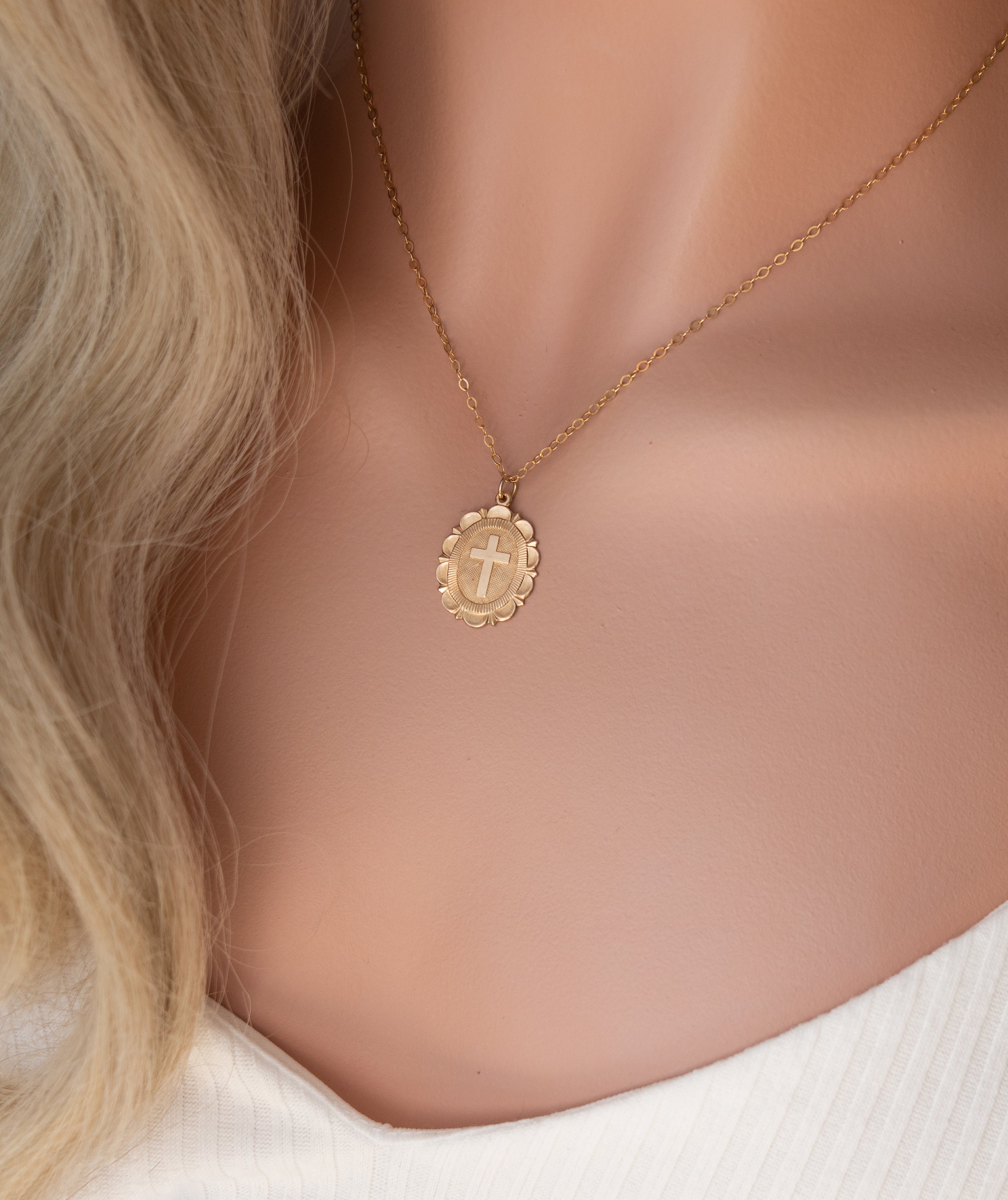 Gold Filled Cross Medallion Necklace, Religious Jewelry, Oval Chai ...