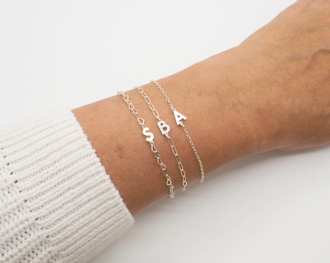 925 Sterling Silver Initial Bracelet, Personalized Bracelet, Cable ...