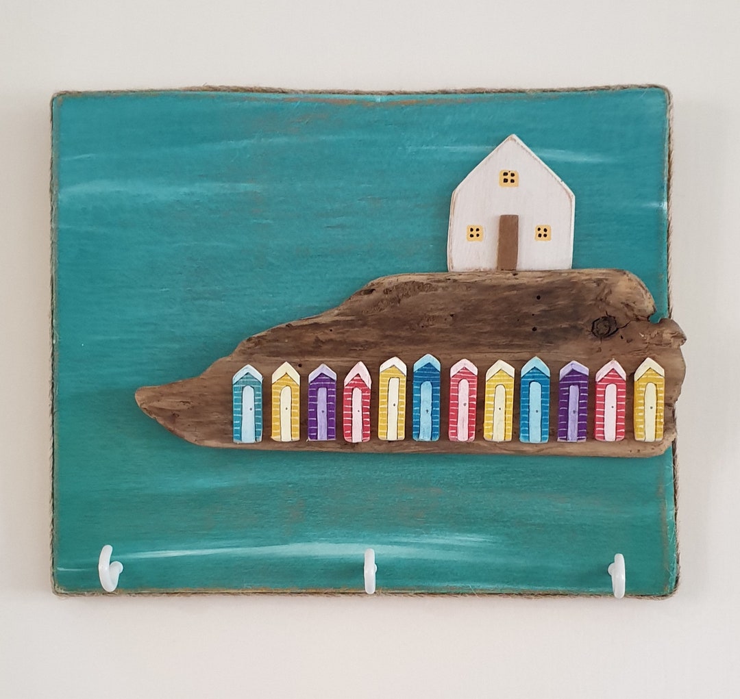 Key Hanger, Wooden Cottage and Beach Huts, Coastal Decor, Wall Hanger ...
