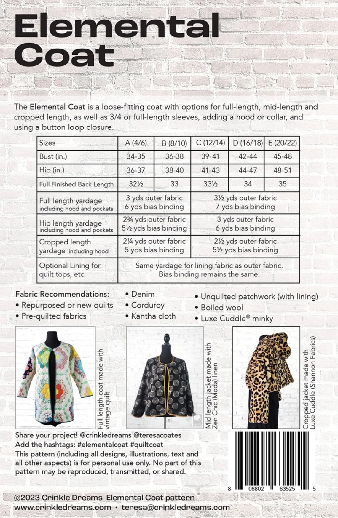 Elemental Coat Sewing Pattern From Crinkle Dreams*quilted Jacket ...