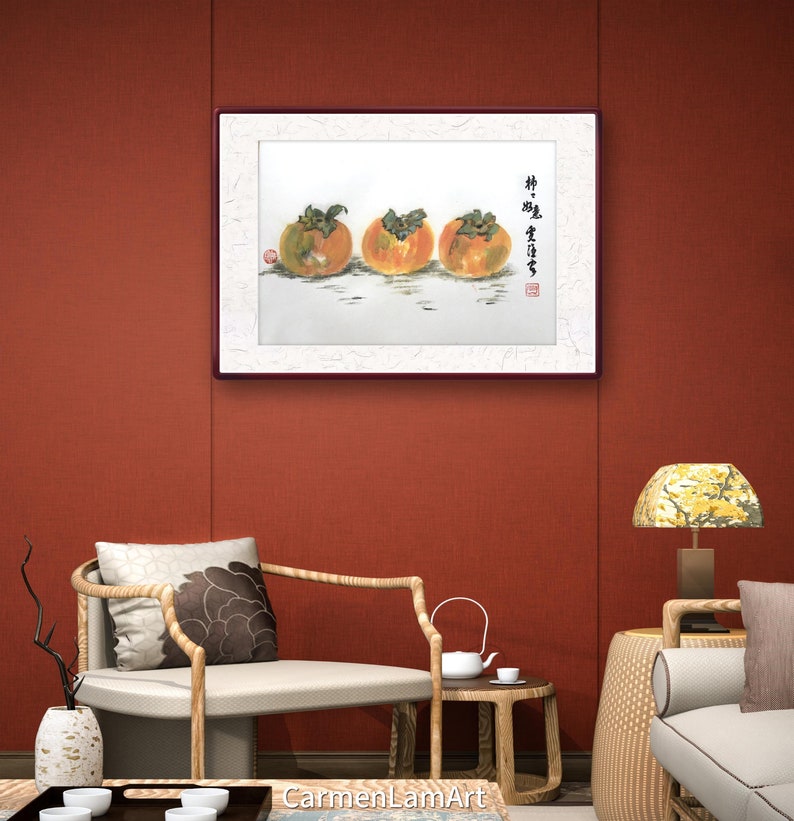 Feng Shui Persimmons Energy Original Ink & Color Wall Art in Chinese ...
