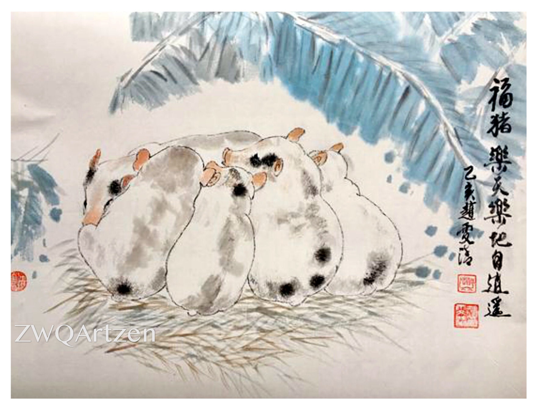 FU PIG Portrait ORIGINAL Painting Artwork. Ink and Color Painting ...