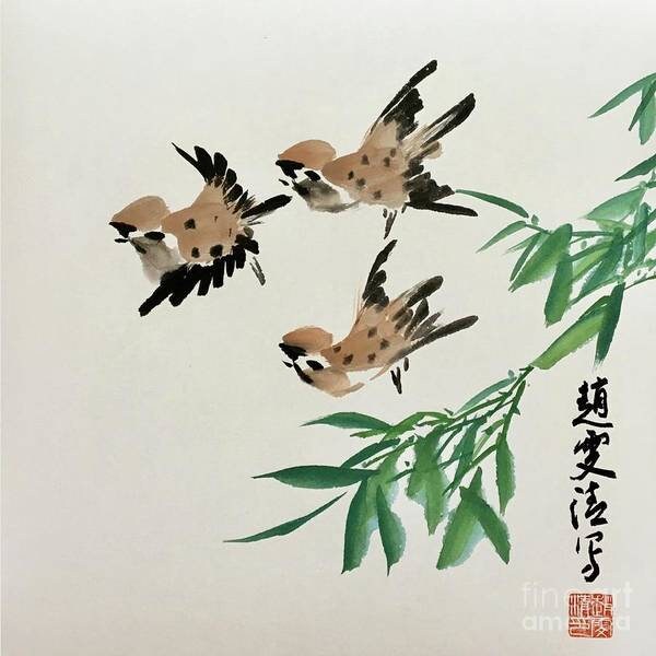 Birds and Bamboo -- ORIGINAL Snui-e Art in Chinese Freehand Brush ...