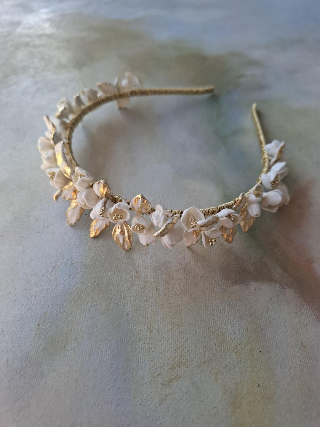 Ceramic Gold and White Flower Tiara, Bridal Clay Flowers Tiara Floral ...