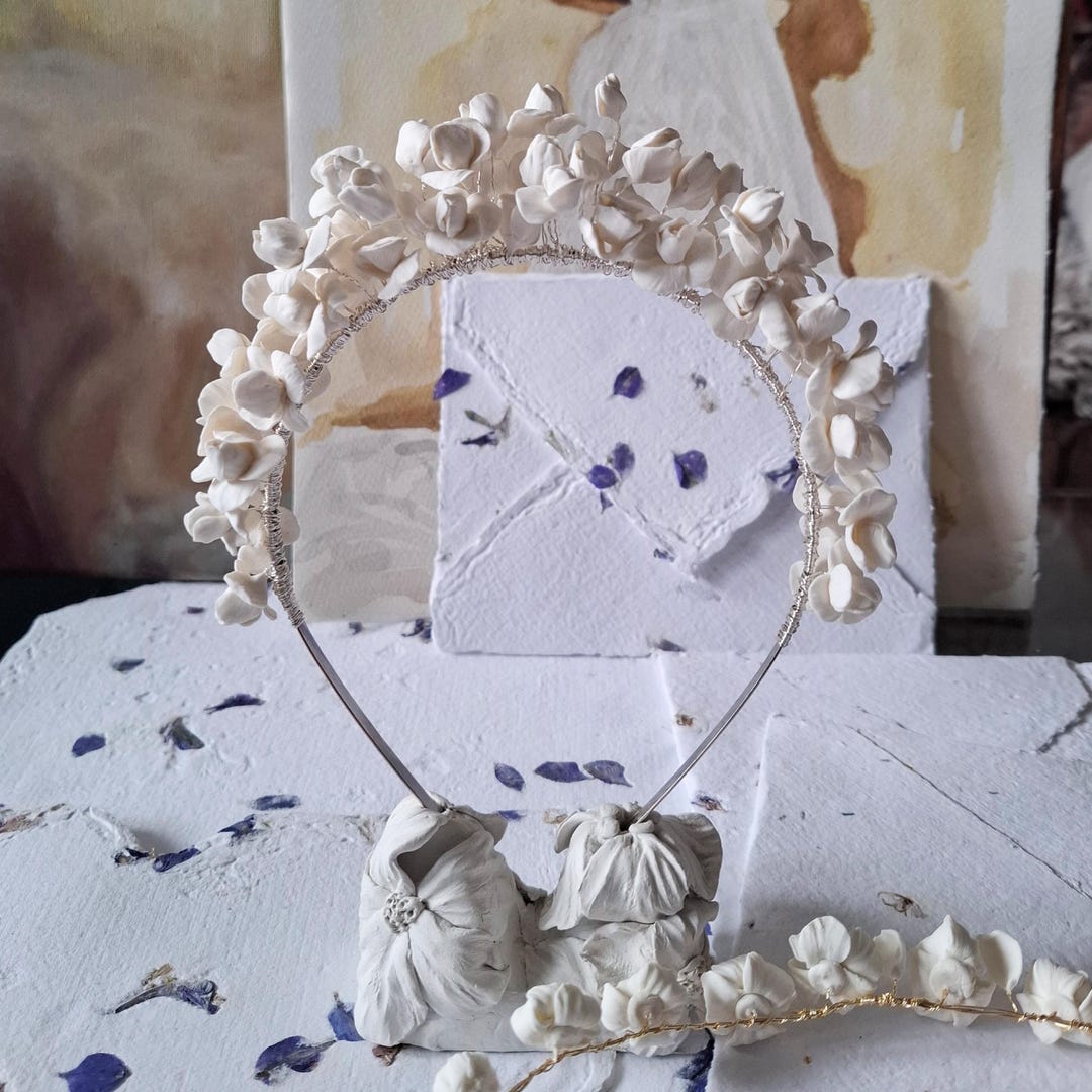 White Roses Handmade Bridal Tiara, Bridal Headband, Bridal Porcelain ...